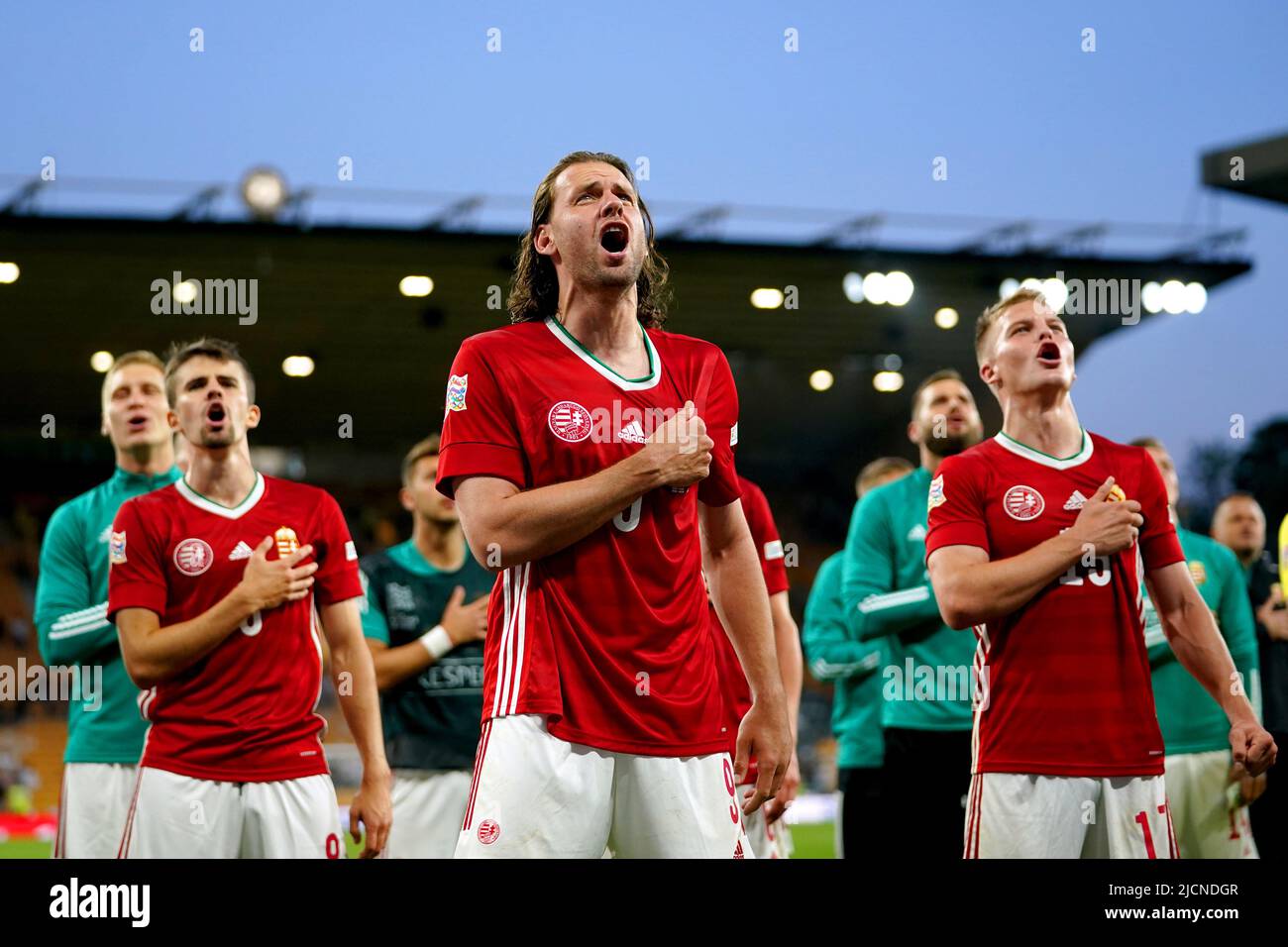 Hungary's Adam Szalai (centre) celebrates at the end of the UEFA ...