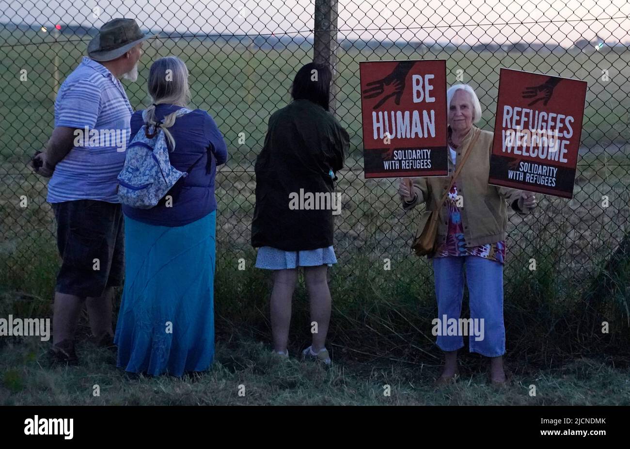 Protesters at the perimeter of MoD Boscombe Down, near Salisbury, where ...