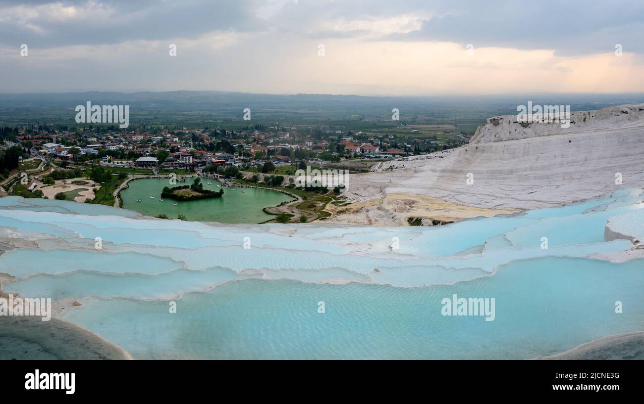 Thermal spring water pools on the travertines terraces. Pamukkale ...