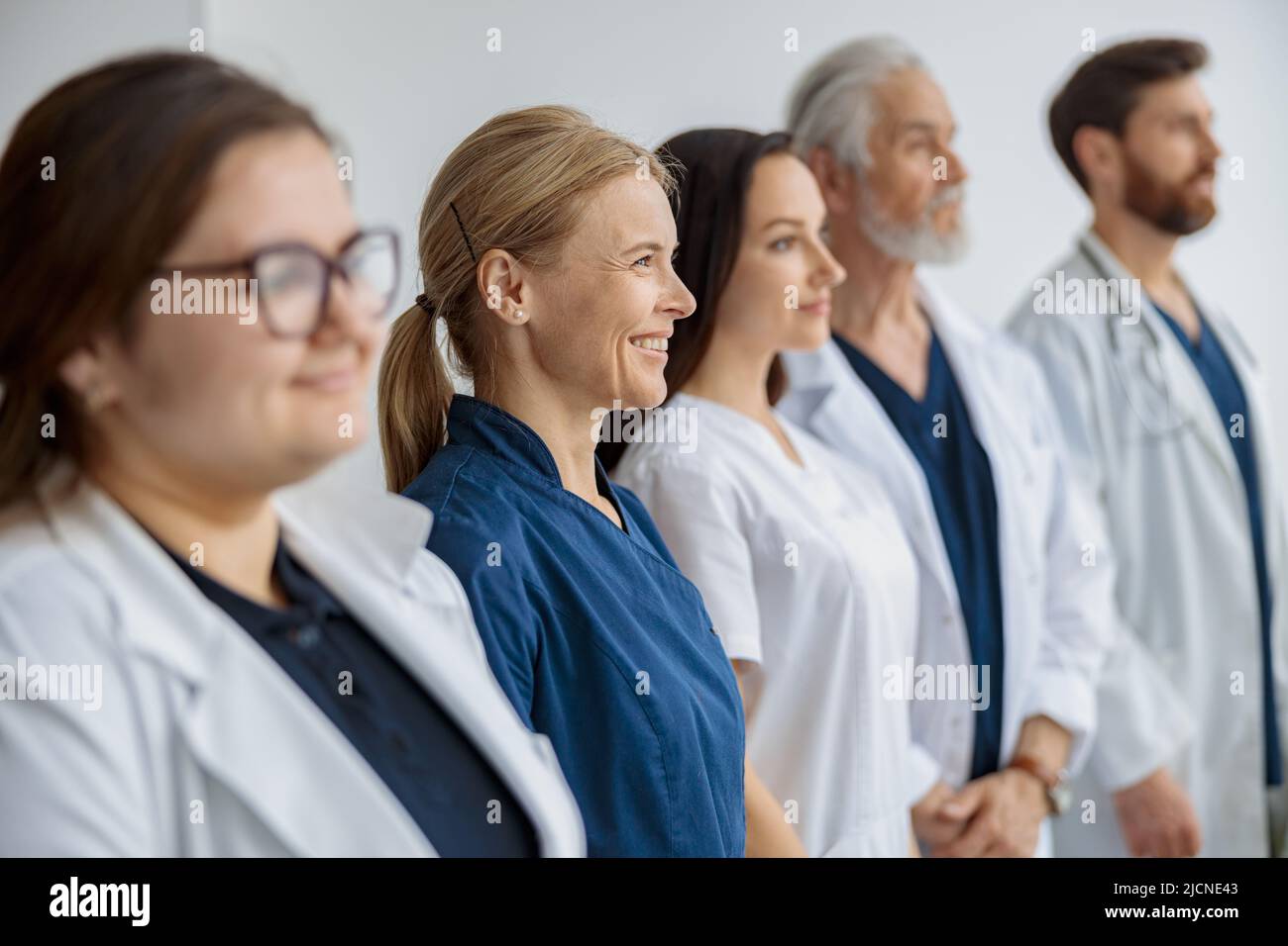 Group of professional doctors standing in a line at the modern clinic ...