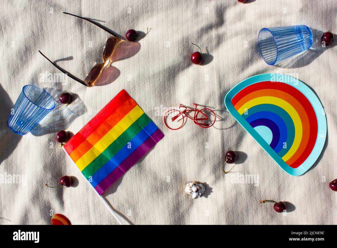 LGBTQ picnic in summer nature. Pride month. LGBT flag, dishes, cherries ...