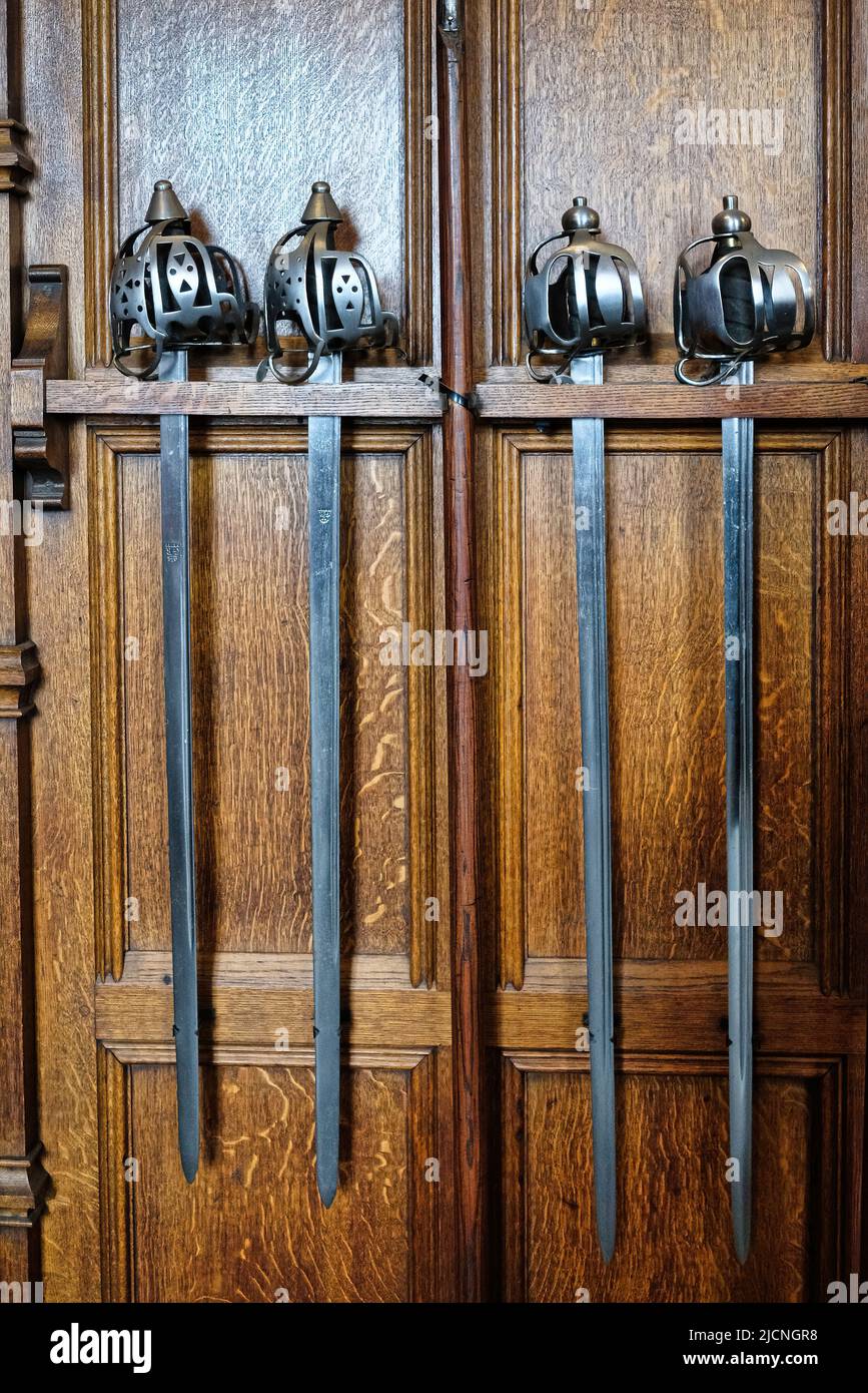 Medieval armor and weapons, in the GREAT HALL of Edinburgh Castle ...