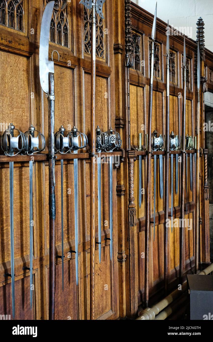 Medieval armor and weapons, in the GREAT HALL of Edinburgh Castle ...