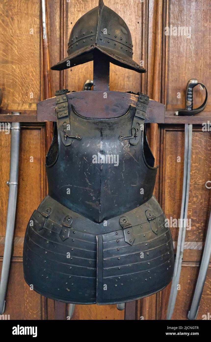 Medieval armor and weapons, in the GREAT HALL of Edinburgh Castle ...