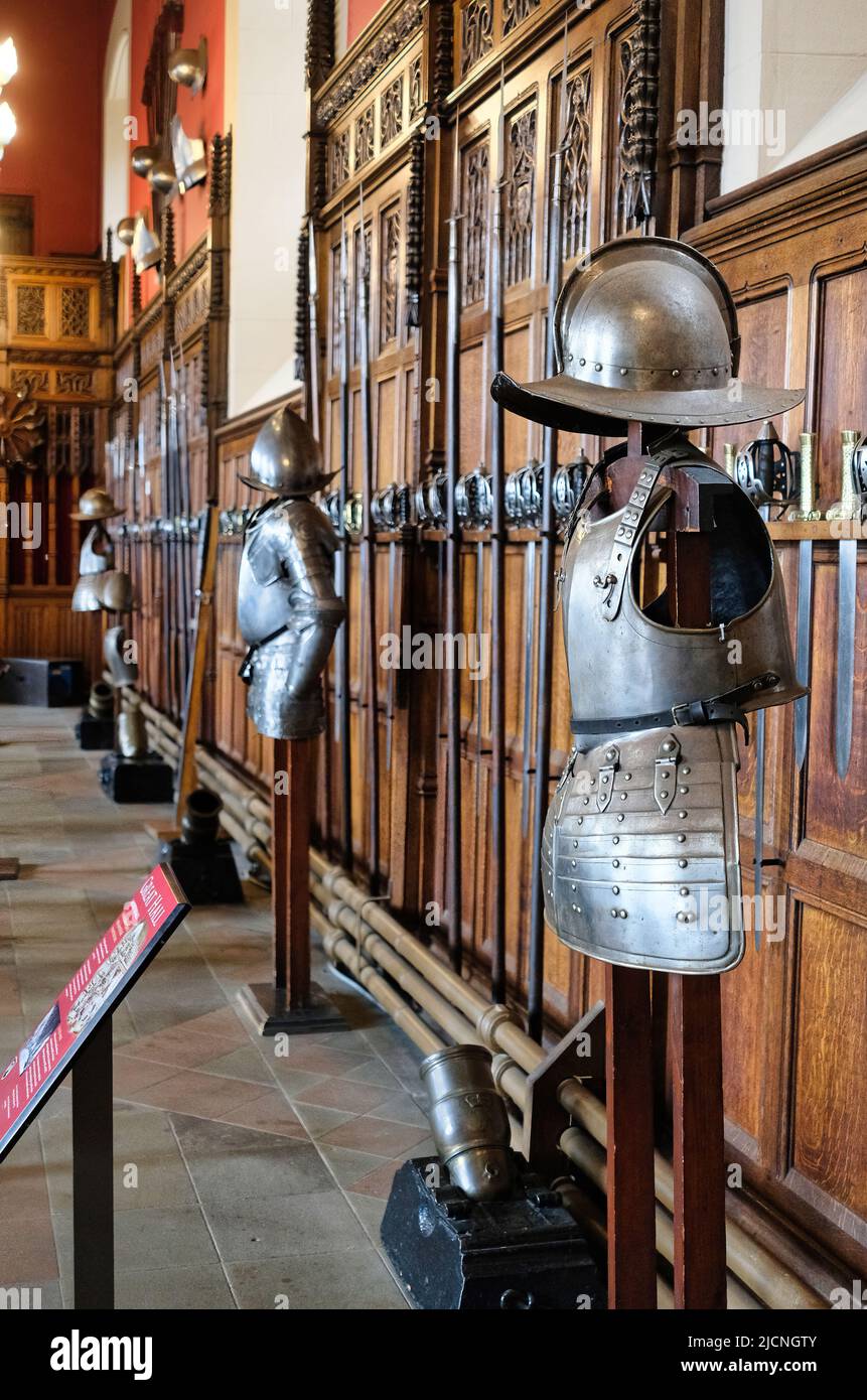 Medieval armor and weapons, in the GREAT HALL of Edinburgh Castle ...