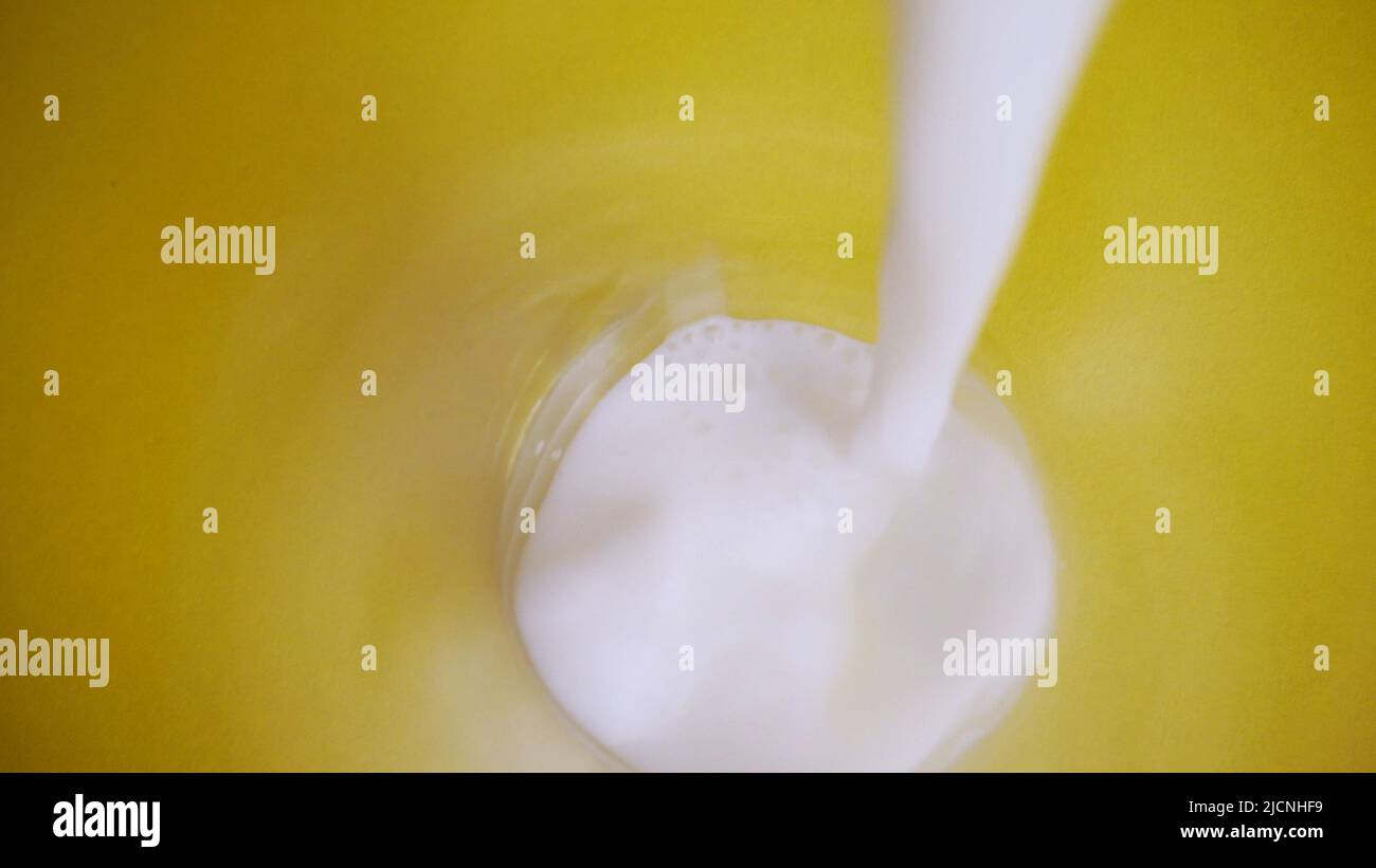 Milk is poured into a glass close-up. Milk in a glass on a yellow ...