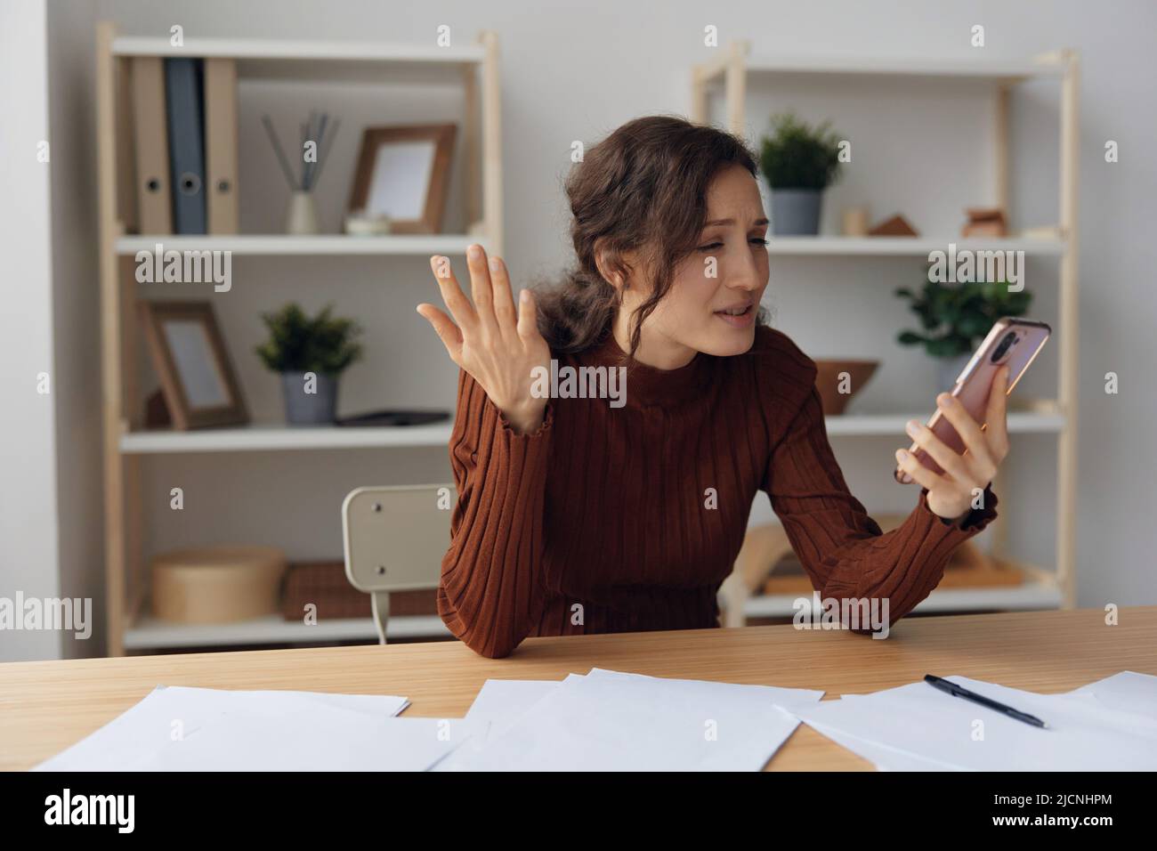 Shocked scandalize irritated angry curly pretty woman quarrel with ...