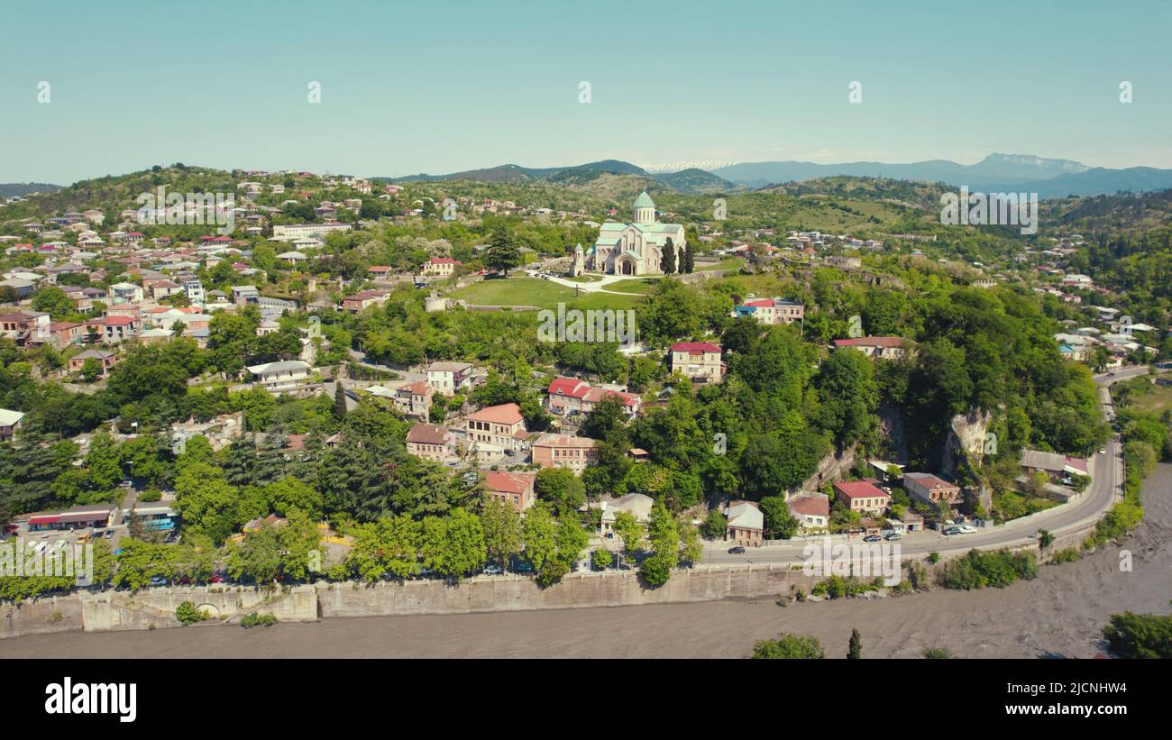 birds-eye view of Kutaisi and Bagrati cathedral in distance, Imereti ...