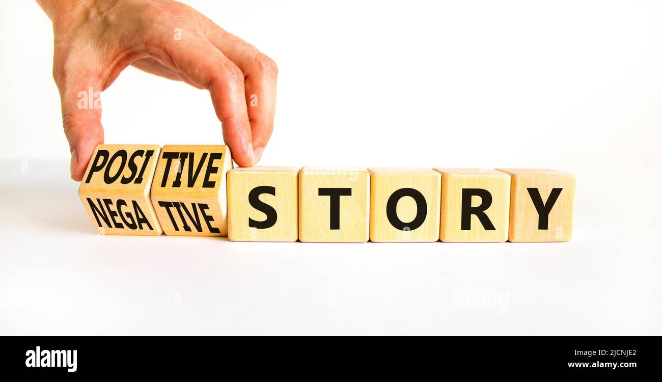 Positive or negative story symbol. Businessman turns cubes, changes ...