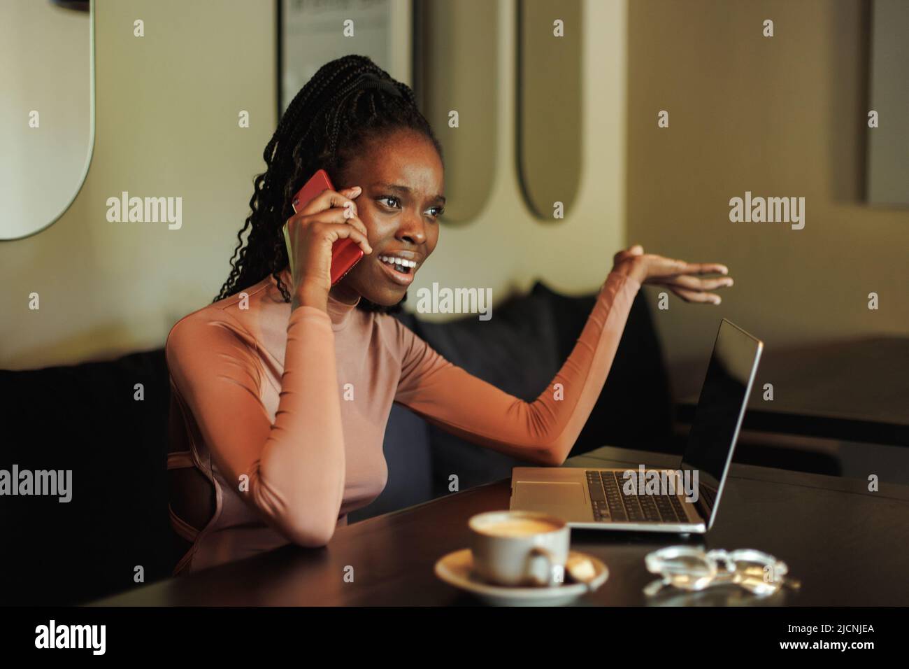 angry, screaming mixed race woman, influencer drinking coffee, talk ...