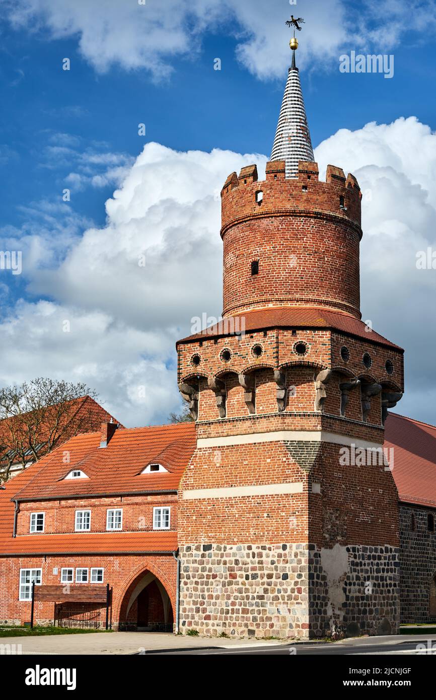 medieval fortifications with a round tower and a stone wall in Prenzlau ...
