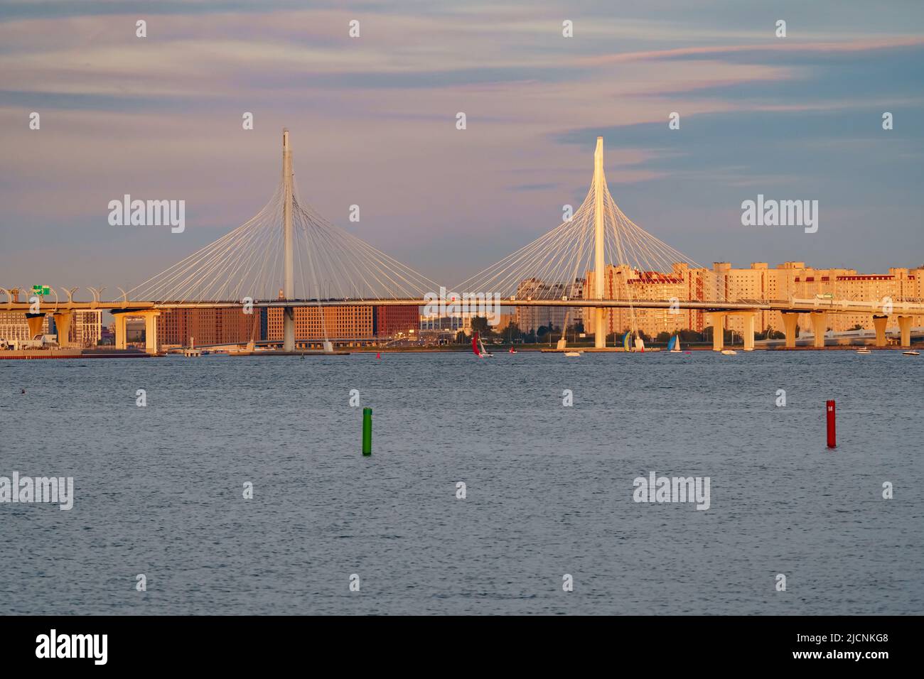Sailing boats in the background of the new cable stayed bridge in ...