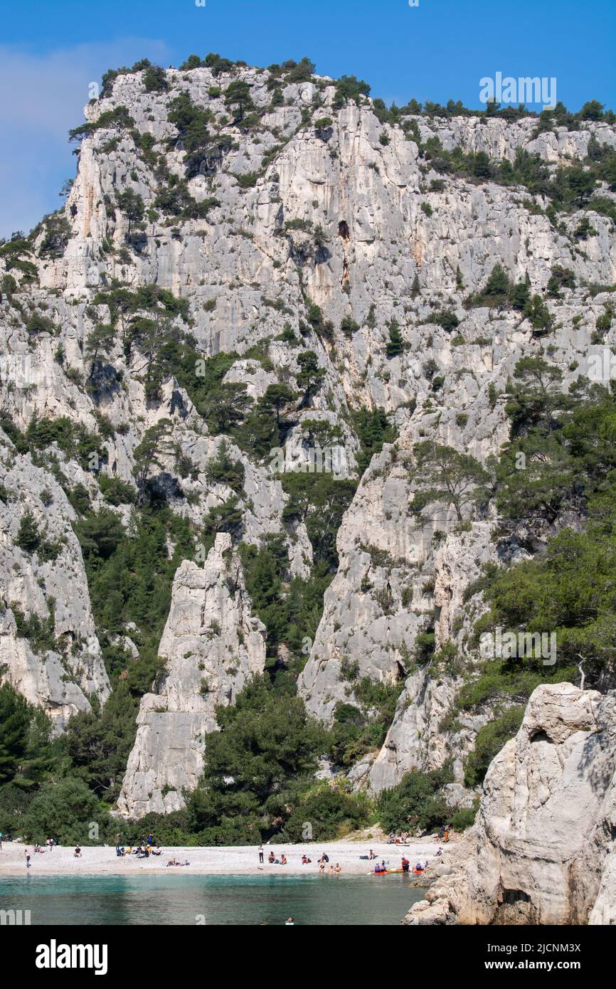 View on Calanque d'En-vau with white sandy beach near Cassis, boat ...