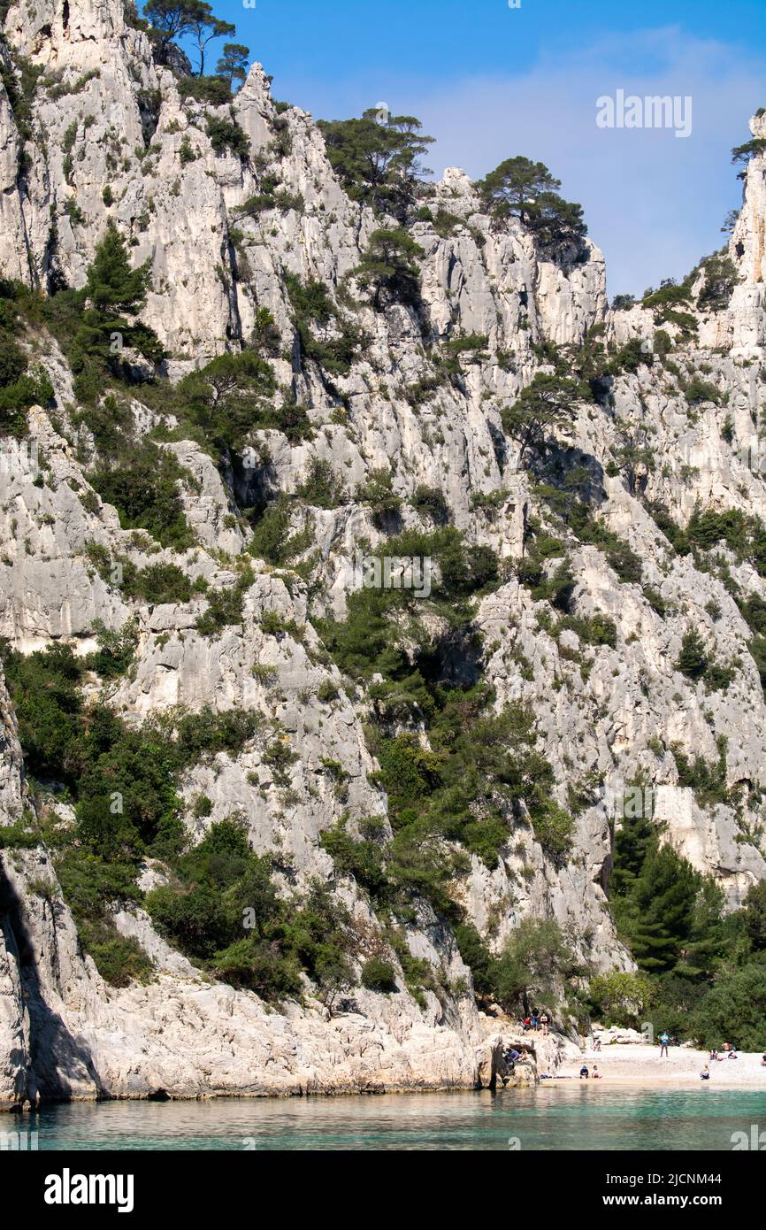 View on Calanque d'En-vau with white sandy beach near Cassis, boat ...