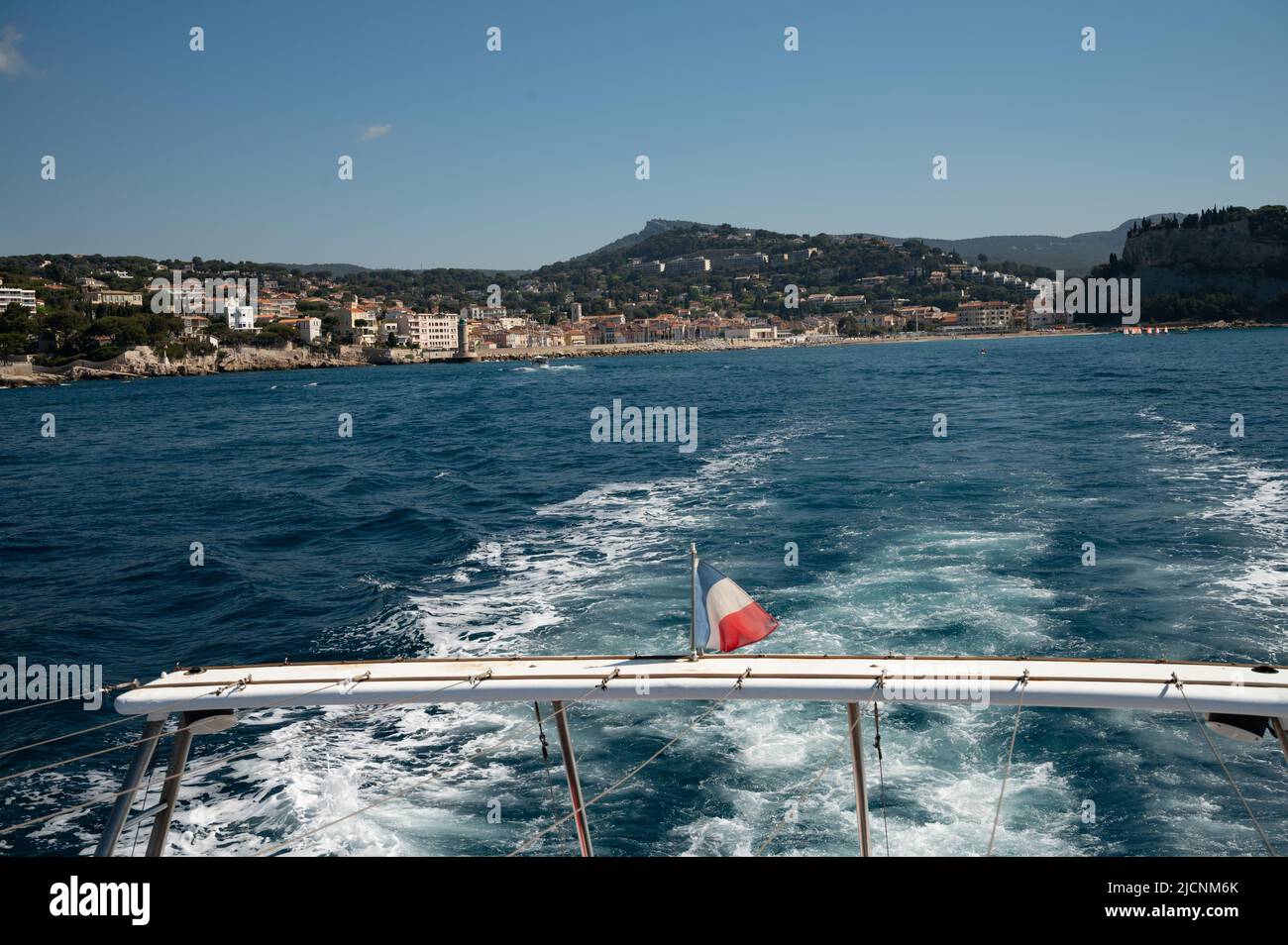 View from seaside on Provencal Cassis, boat excursion to Calanques ...