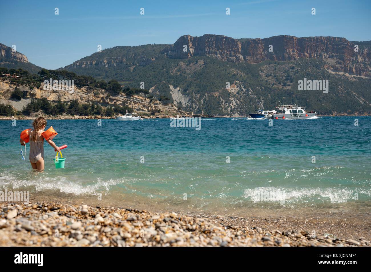Panoramic view on cliffs, blue sea clear water on Plage du Bestouan ...