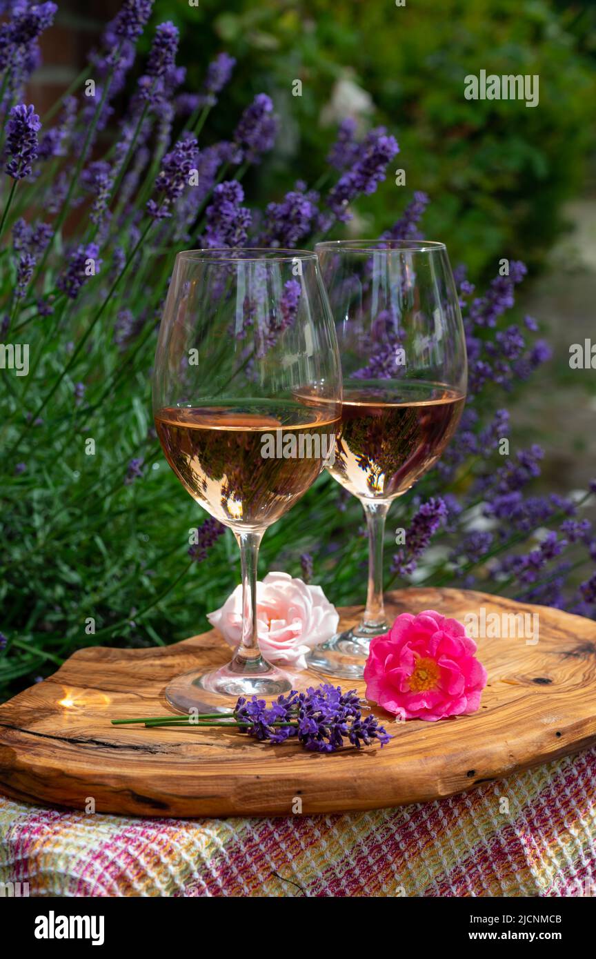 French rose wine from Provence, two glasses of wine with purple ...