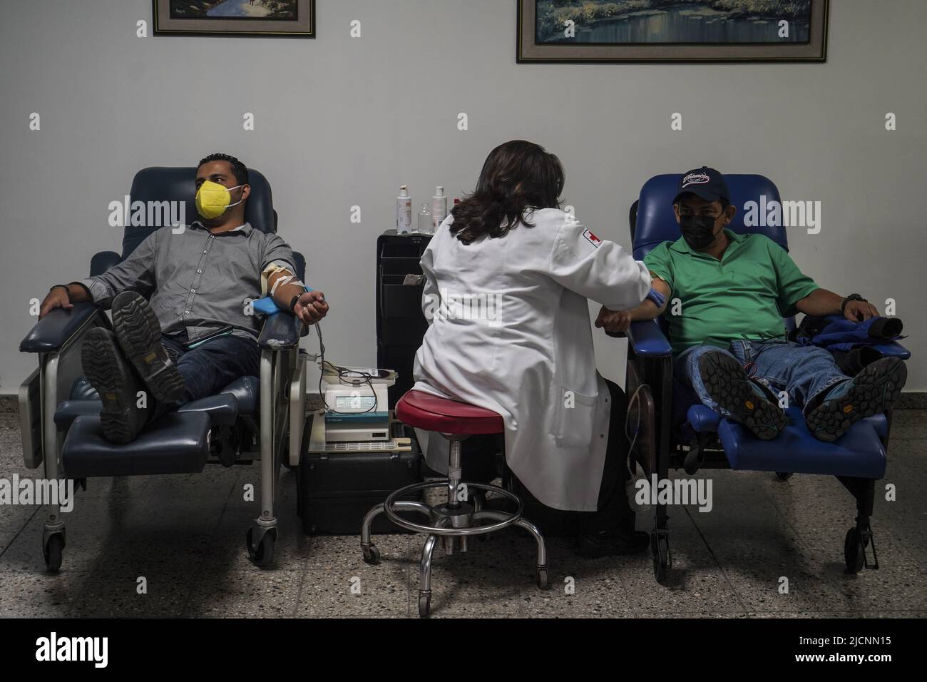 A red cross worker collects blood from donors at a red cross blood bank ...