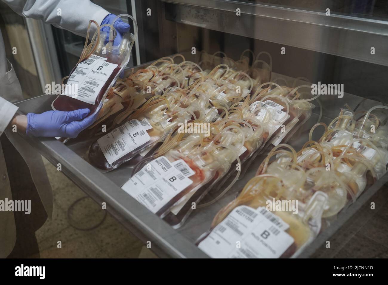 A red cross worker checks on blood samples at a red cross blood bank in ...
