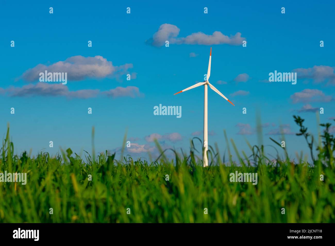 Wind generator in green grass.Green energy. Windmill on blue sky ...