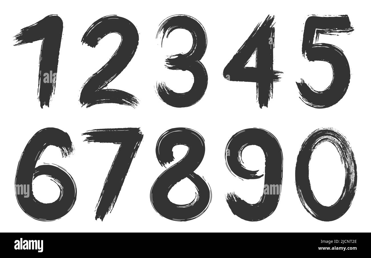 Handwritten ink number grunge black silhouette set. Modern caligraphic ...
