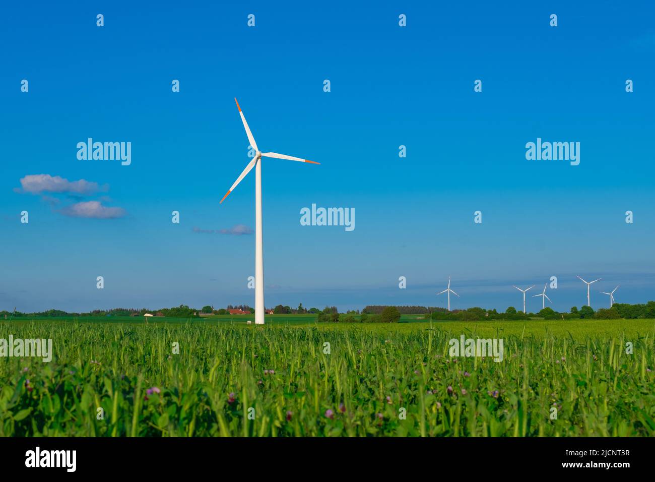 Wind generator in green grass.Green energy. Windmill on blue sky ...