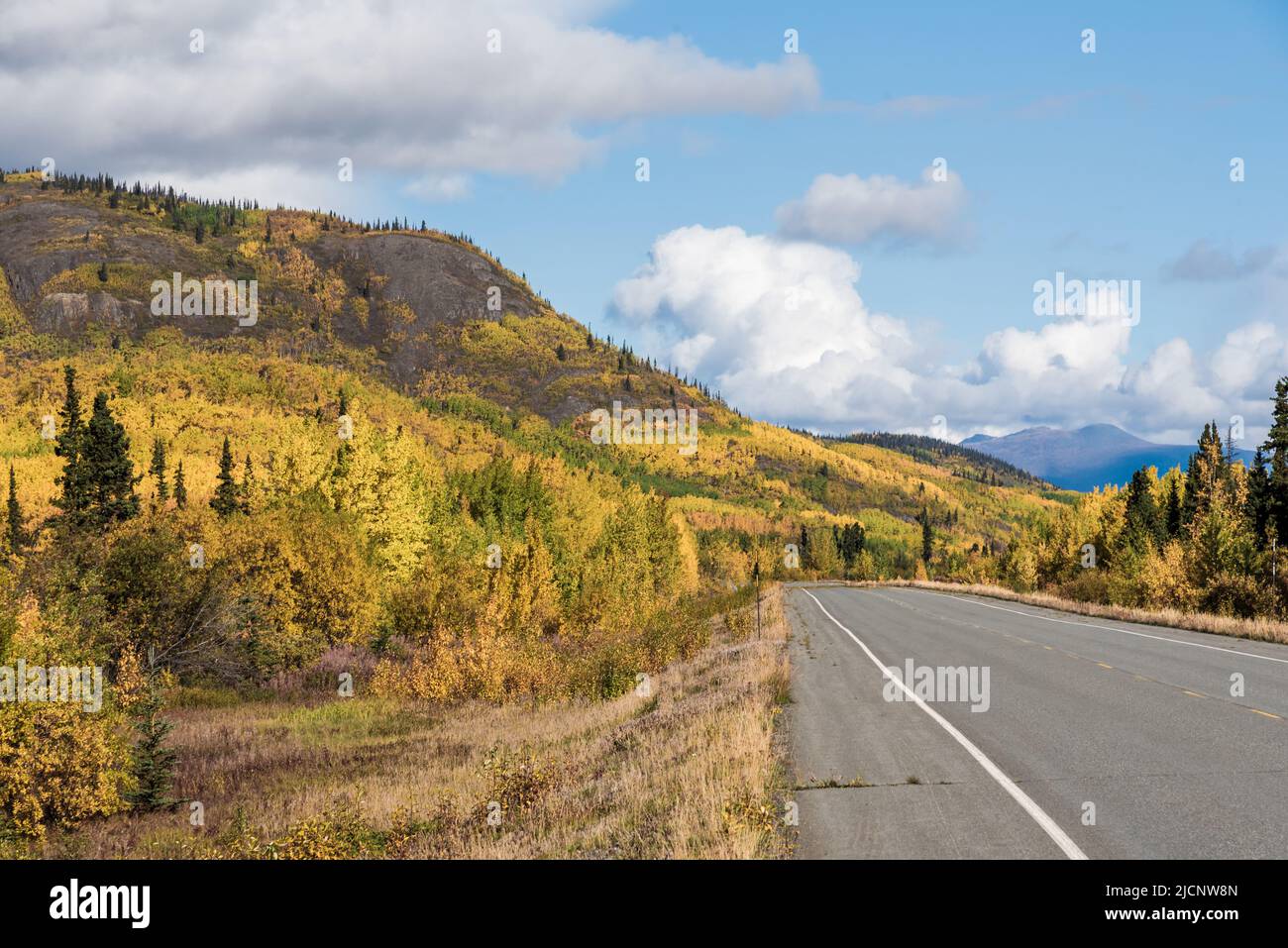 Landscape, road trip scenes in Yukon Territory, during fall, autumn ...