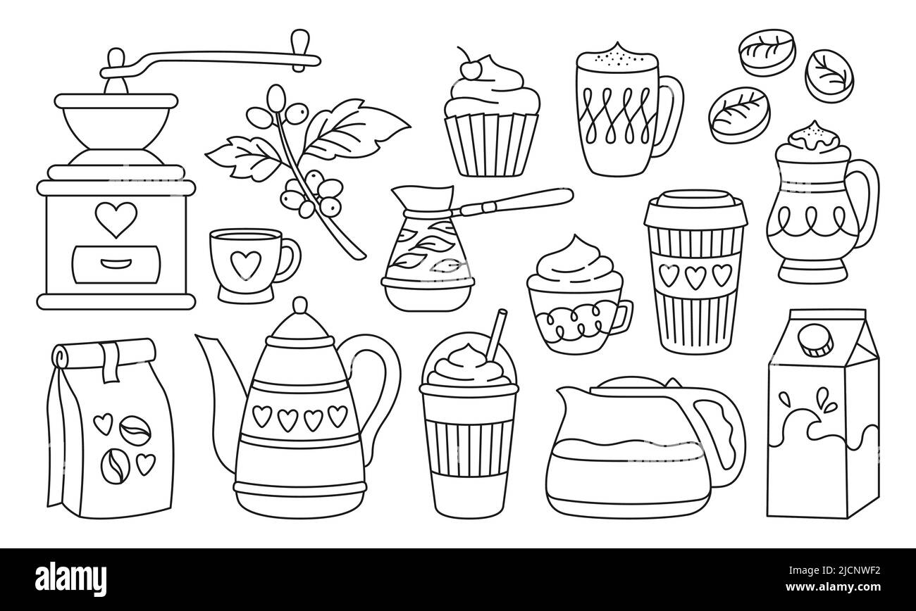 Coffee cup drink, beans and cezve pot linear set. Breakfast cappuccino ...