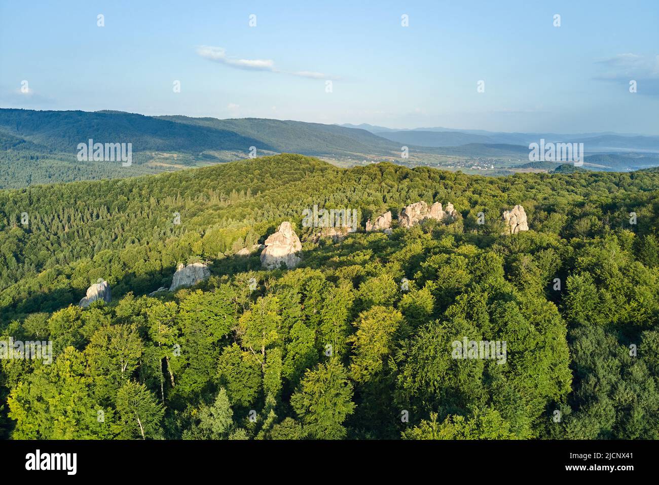Aerial view of bright landscape with green forest trees and big rocky ...