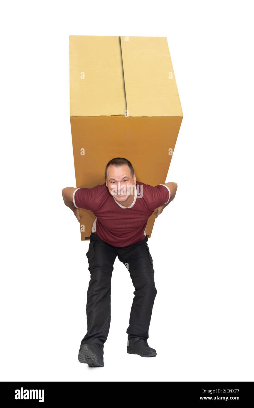 Courier delivering a large package, isolated on a white background ...