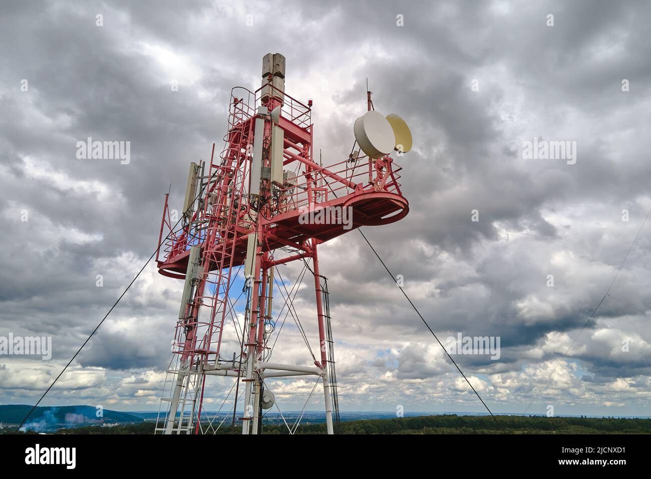 Aerial view of telecommunications cell phone tower with wireless ...
