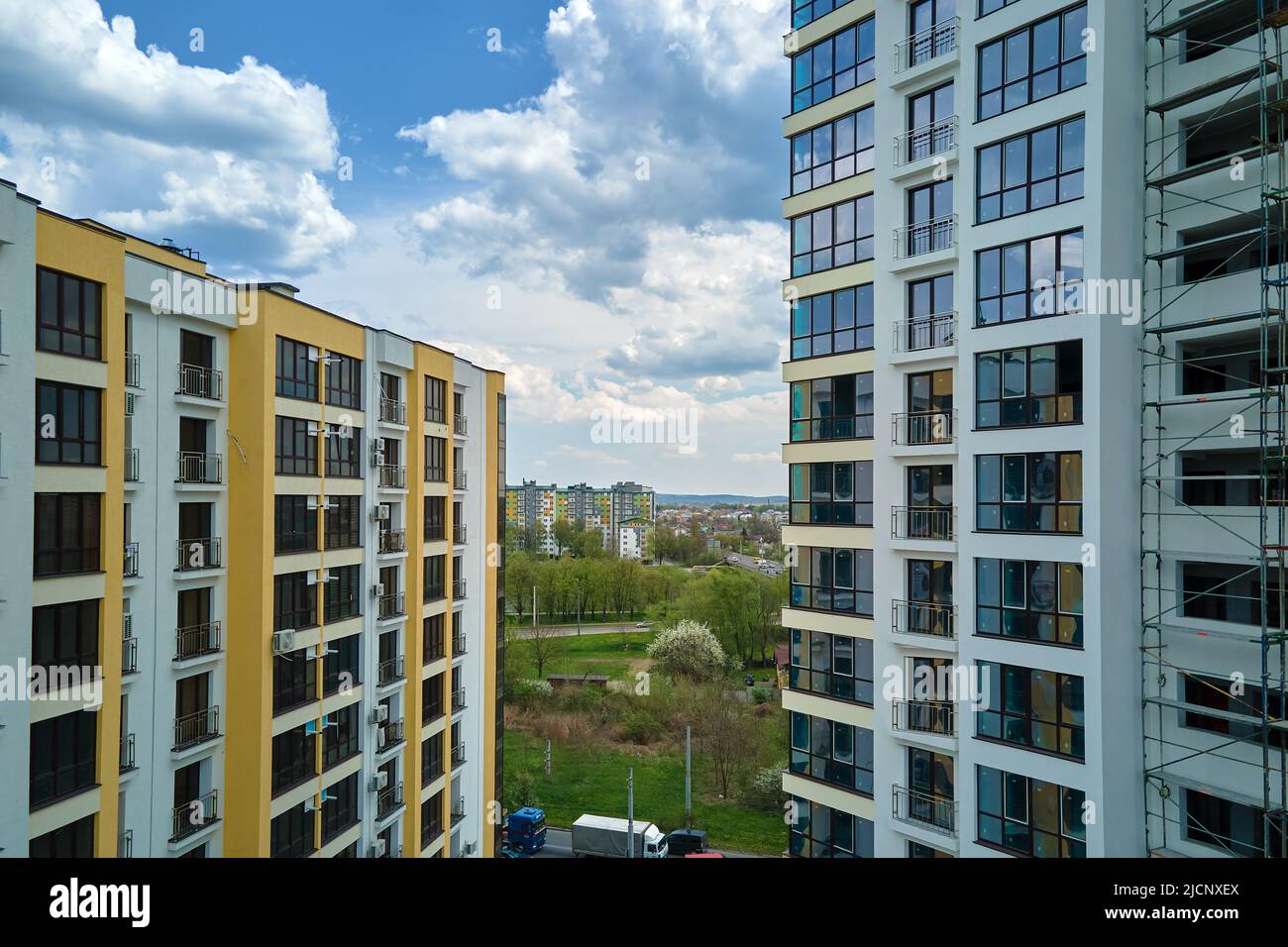 Architectural details of modern high apartment building facade with ...