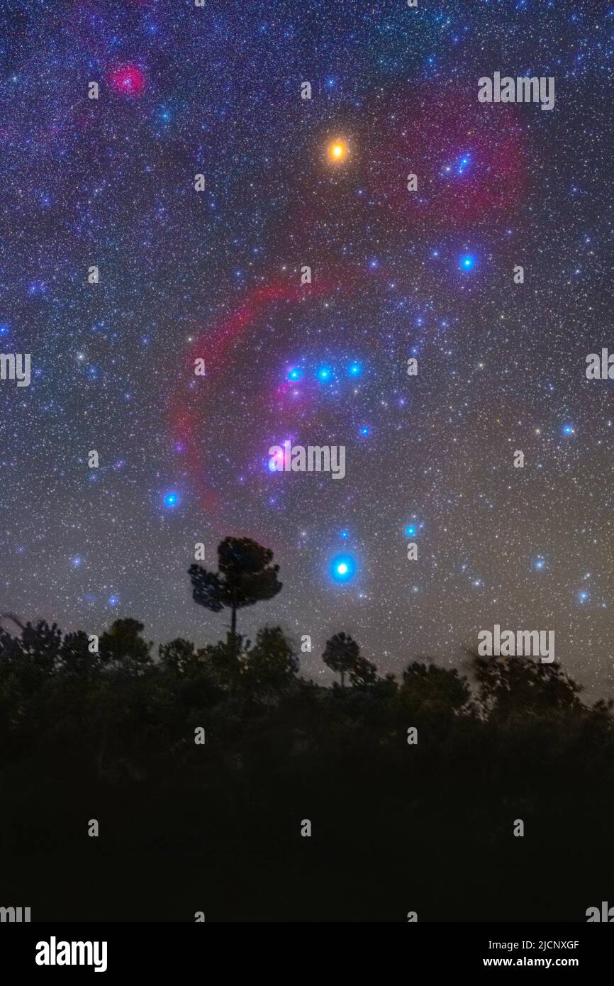 Composite image showing stars of the Orion constellation of Orion above ...