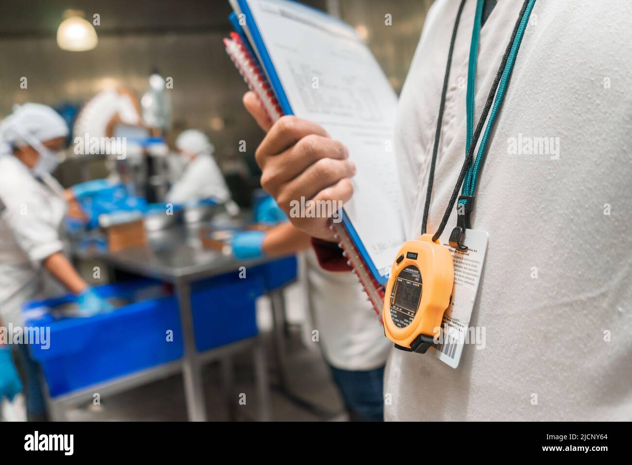 Unrecognizable inspector in an industrial food processing plant holding ...