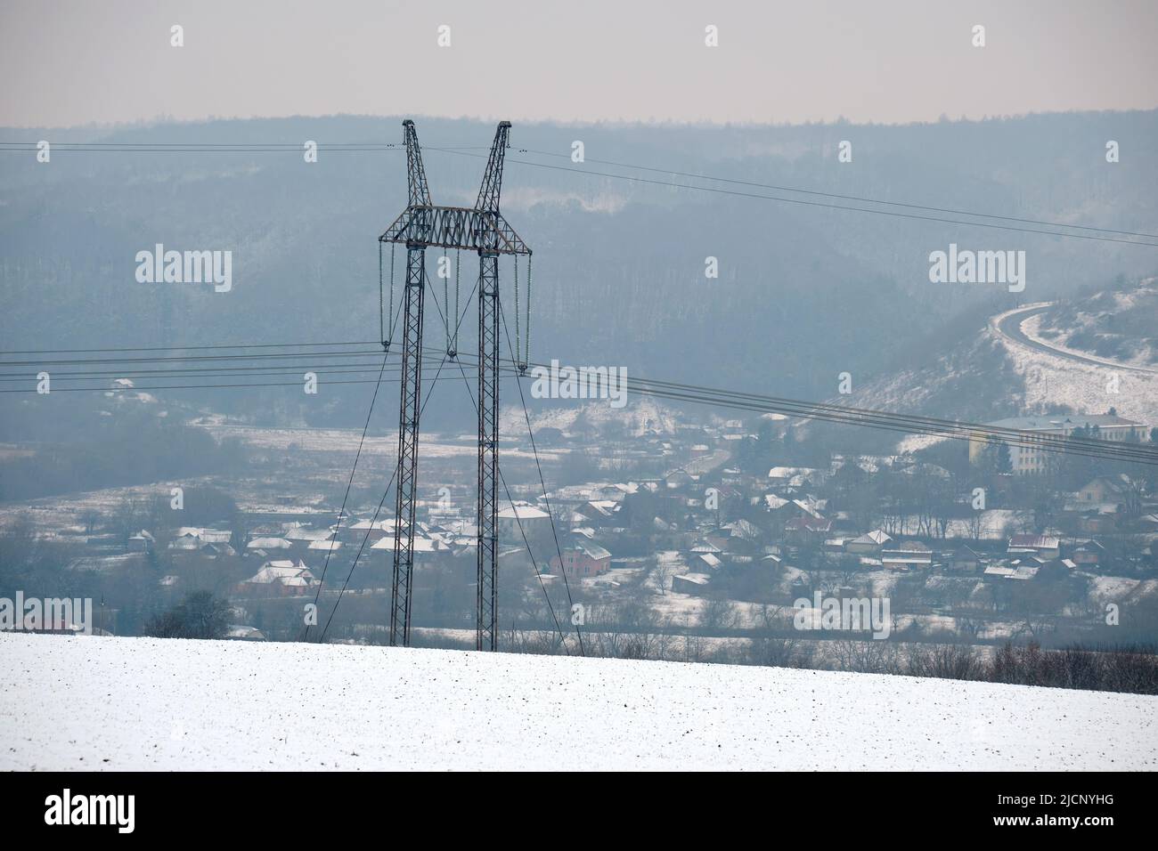 Steel pillar with high voltage electric power lines delivering ...