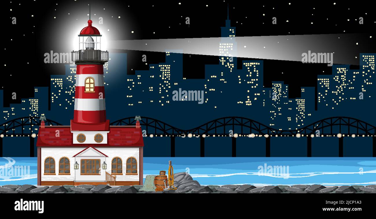 Lighthouse at night scene illustration Stock Vector Image & Art - Alamy