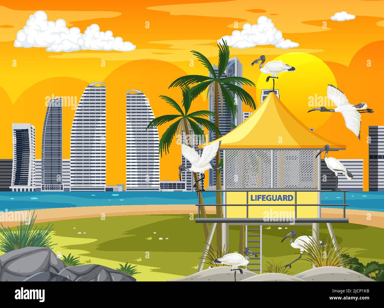 Beach city scene with lifeguard tower illustration Stock Vector Image ...