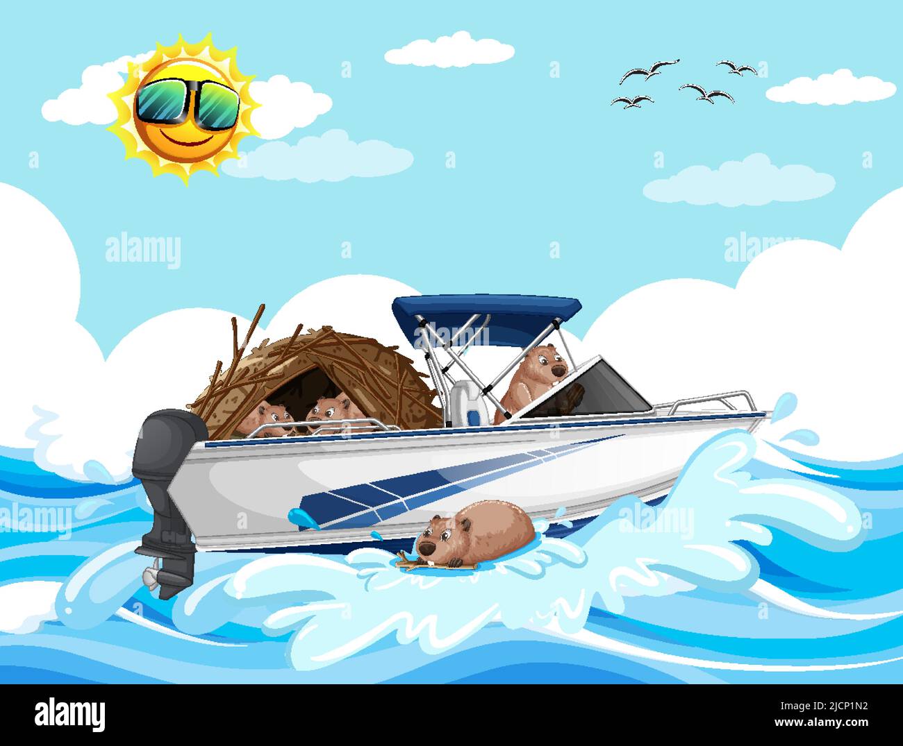 Ocean scene with group of beavers on speedboat illustration Stock ...