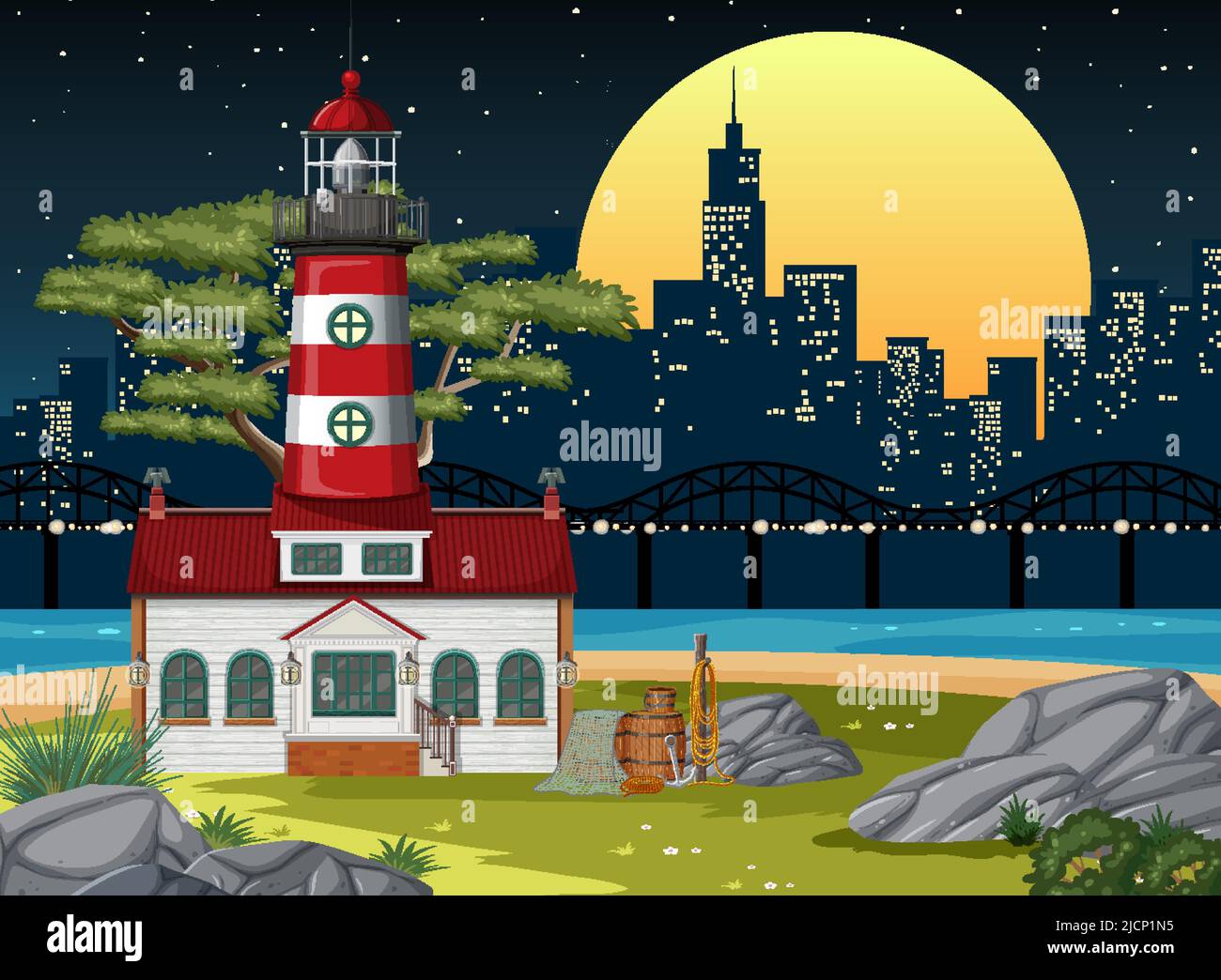 Beach City View With Lighthouse Illustration Stock Vector Image Art beach-city-view-with-lighthouse-illustration-stock-vector-image-art