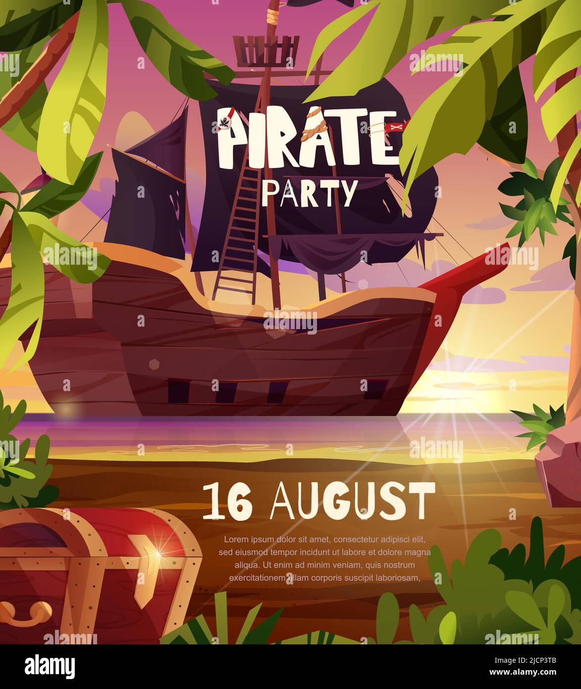 Pirates party invitation poster. Sailing pirate ship with black flags ...