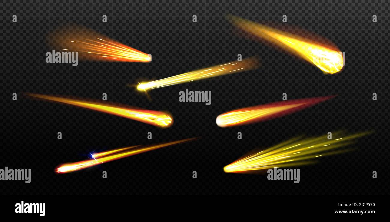 Flying comets, asteroids or meteors with flame trail isolated on ...