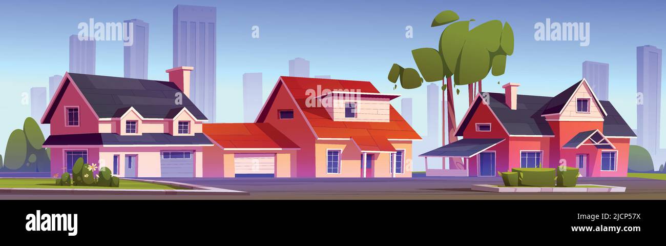 Street in suburb district with residential houses and city on skyline ...