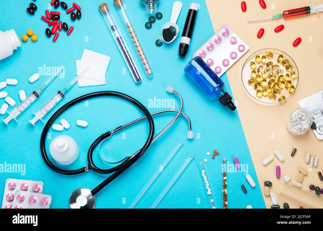 Various medical equipment, ampoules, pipette, drugs, tablets, capsules ...