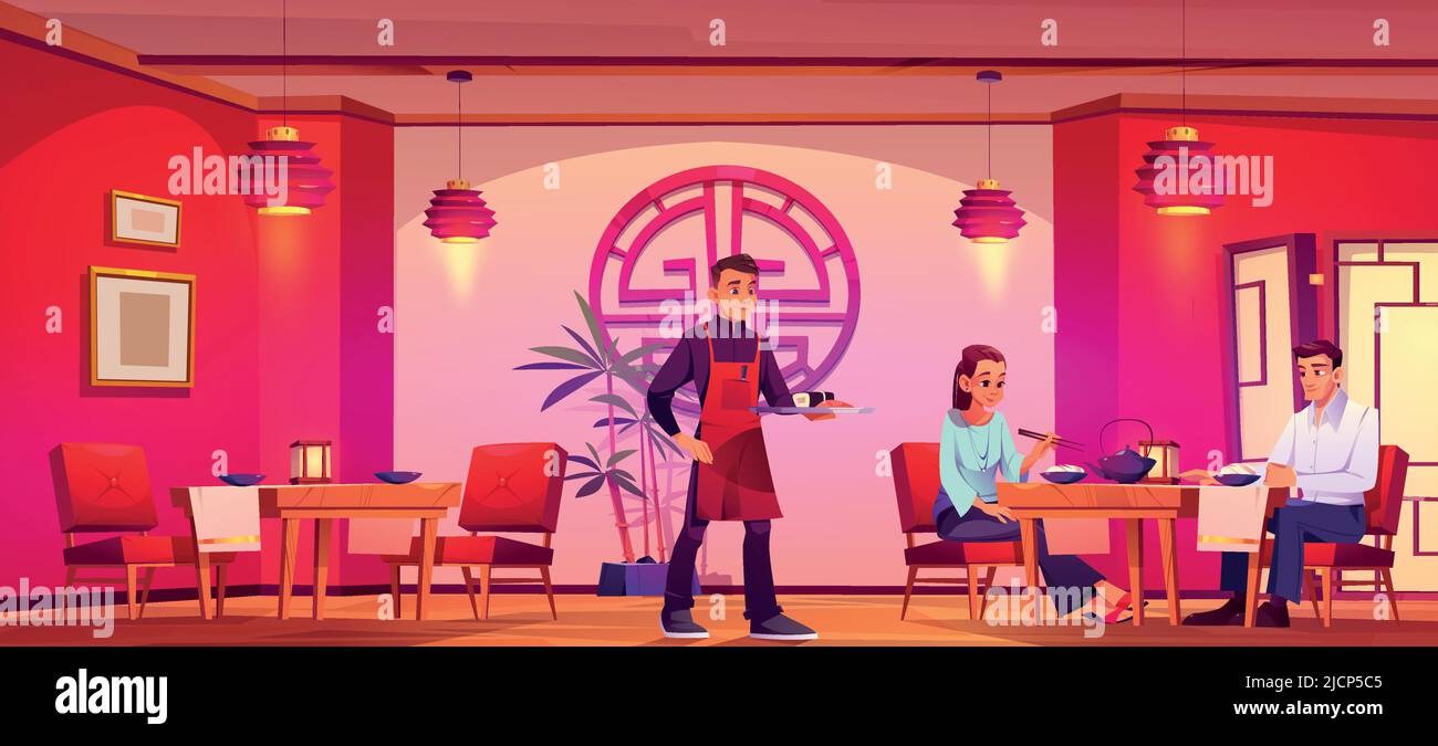 Man waiter services couple in chinese restaurant. Vector cartoon ...