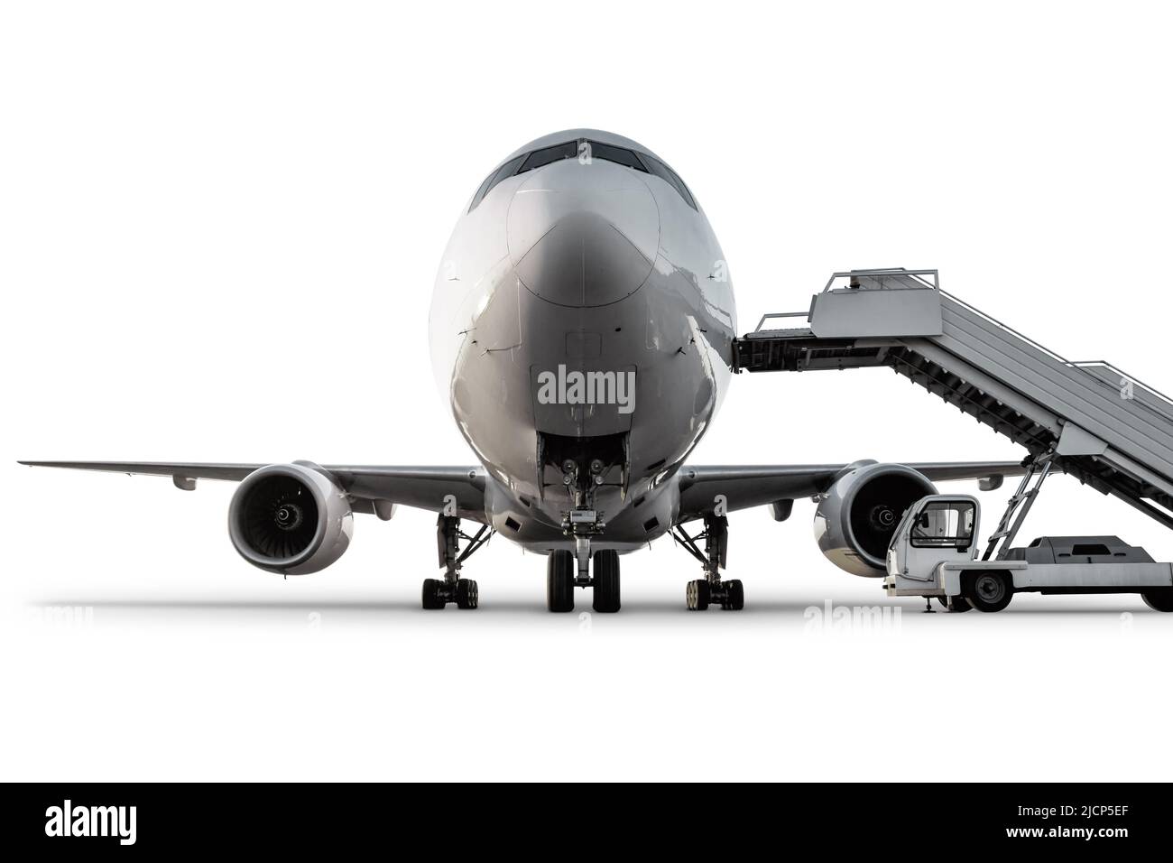 Front view of the wide body passenger jet plane with air-stairs ...