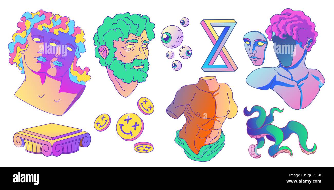 Psychedelic stickers with greek sculpture, eyeballs, tentacles and ...