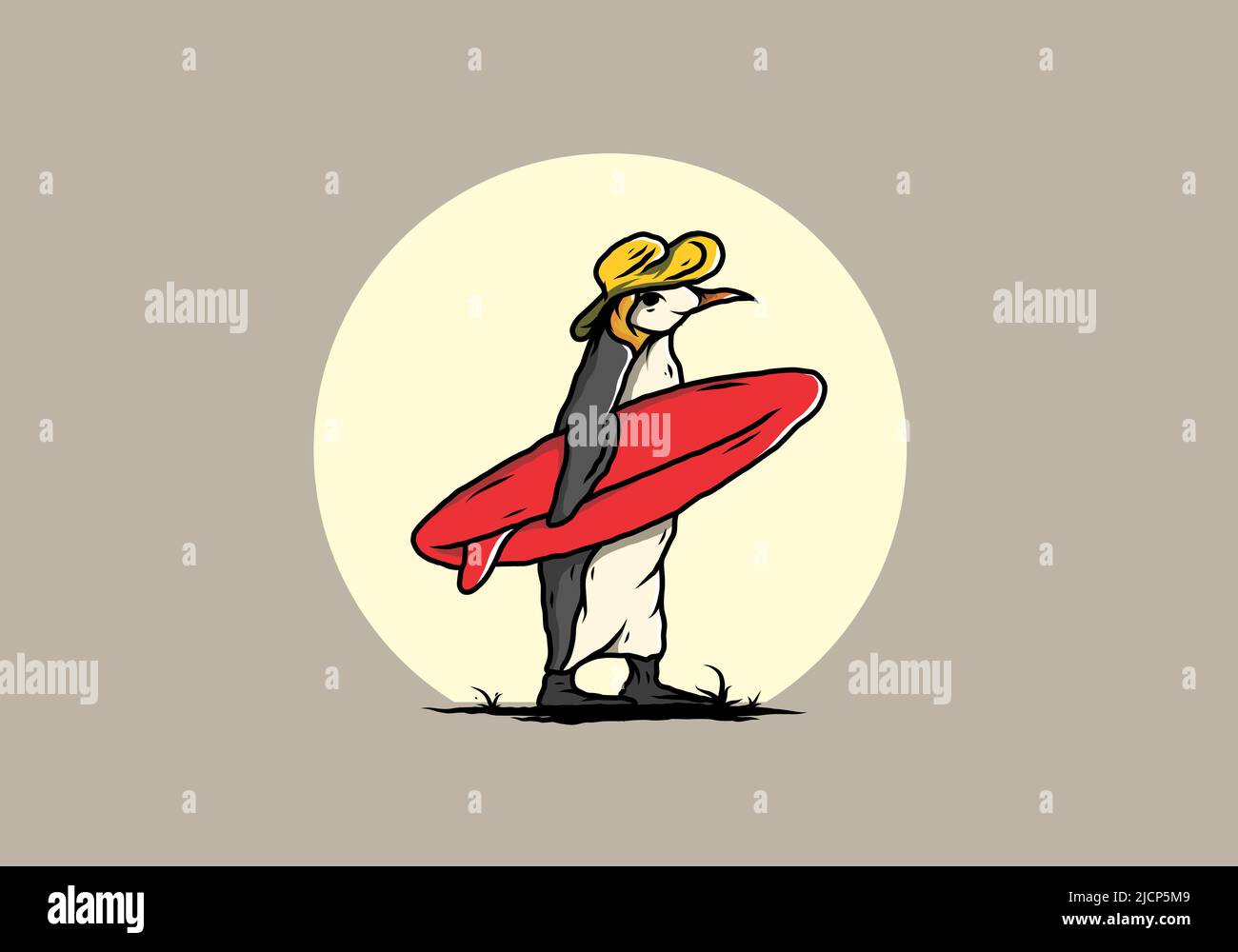 Illustration of the Cute penguin carrying a surfboard between coconut ...
