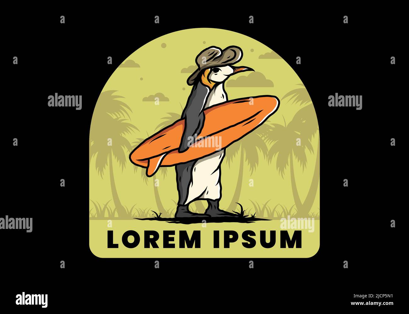 Illustration of the Cute penguin carrying a surfboard between coconut ...