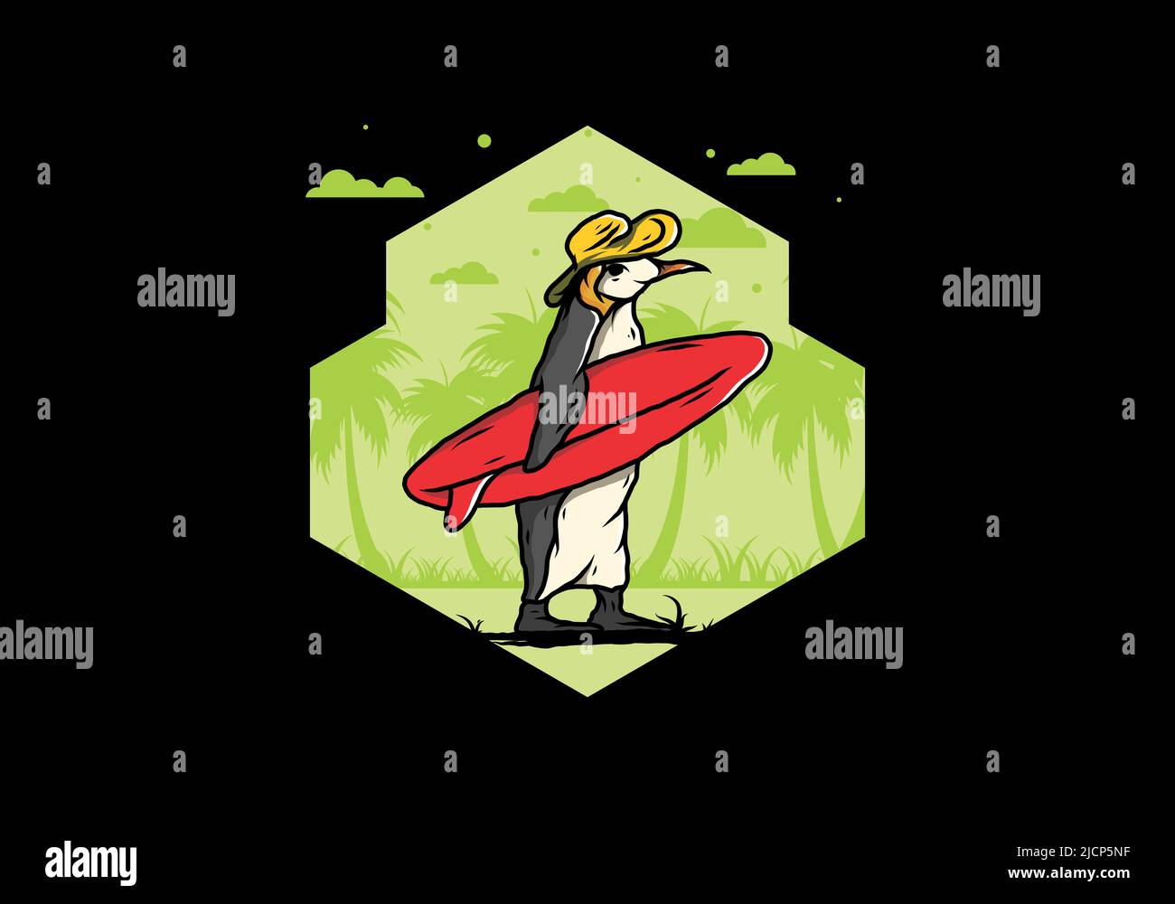 Illustration of the Cute penguin carrying a surfboard between coconut ...