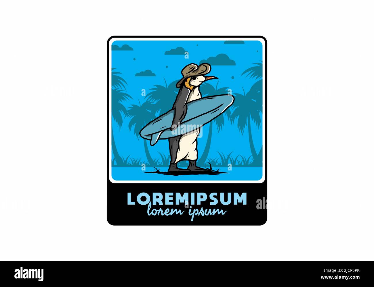 Illustration of the Cute penguin carrying a surfboard between coconut ...
